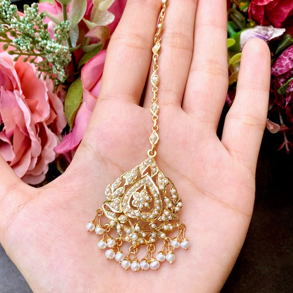 Pearl Maang Teeka | Indian Tikka on 925 Sterling Silver with Gold Plat