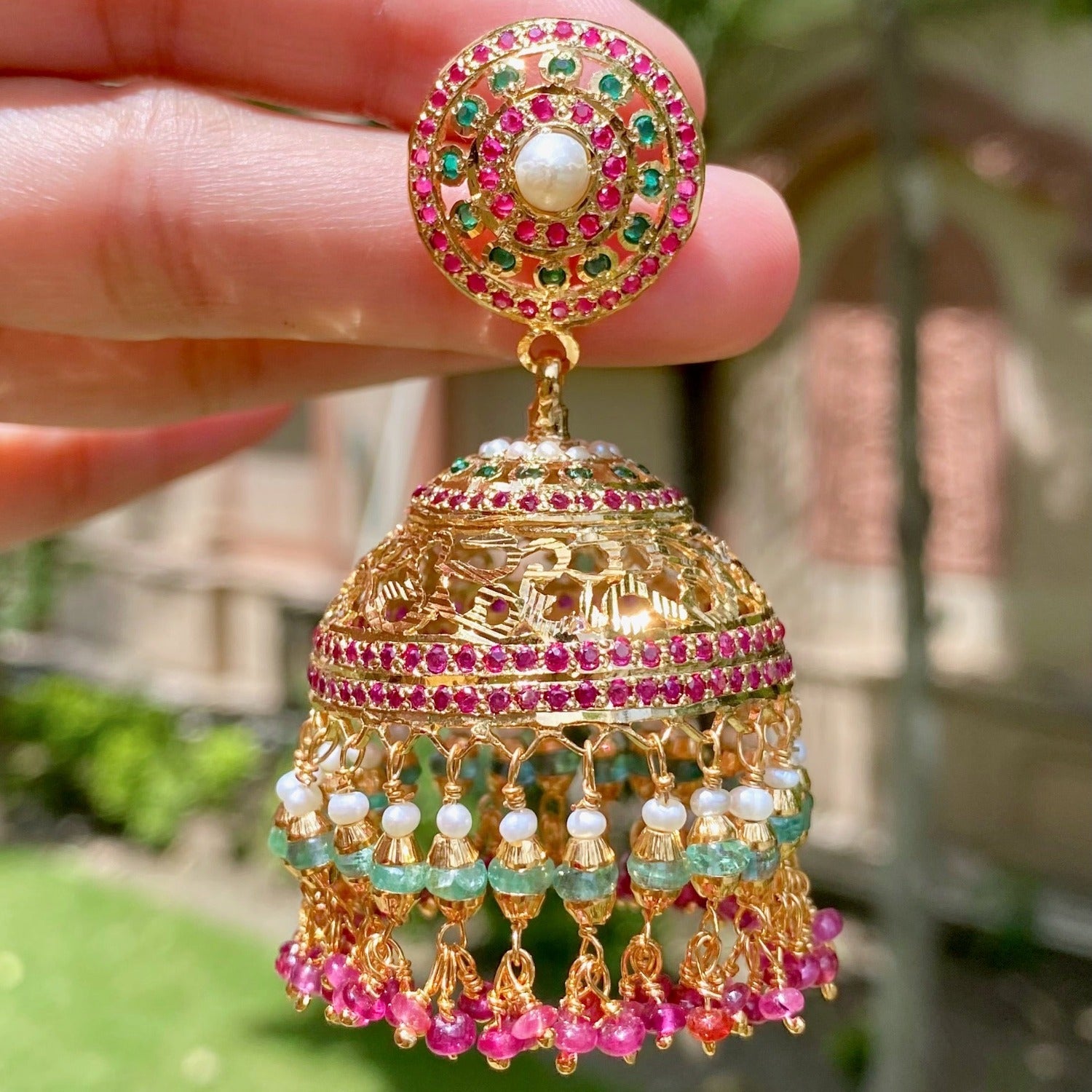 Ruby Emerald Jhumkas | Gold Plated on Silver