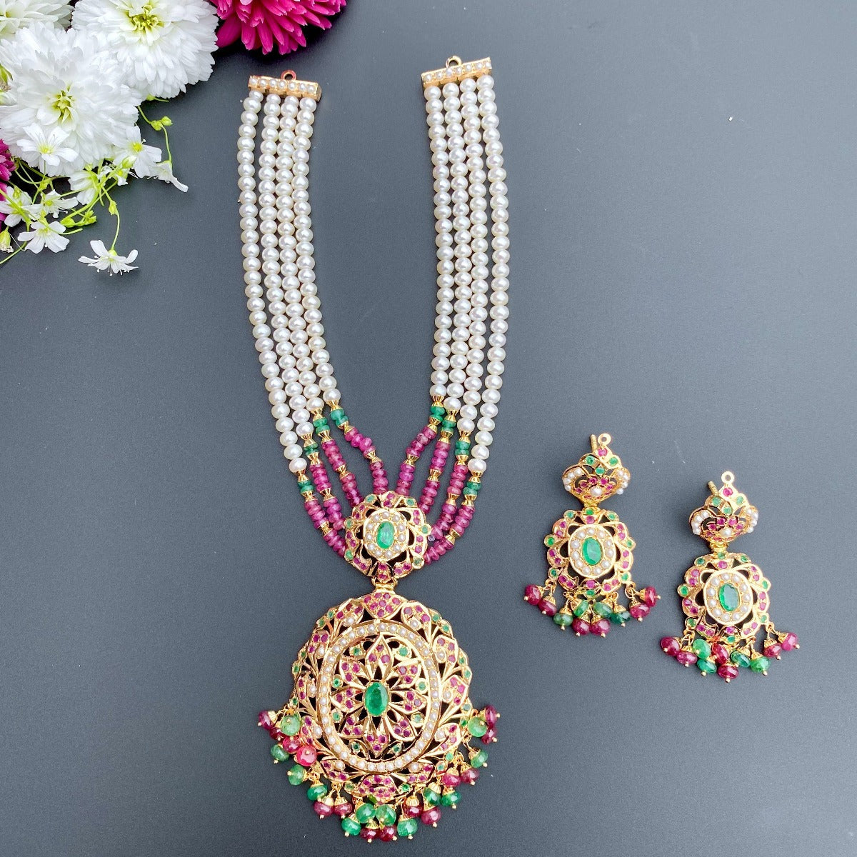 Short Rani Haar Styled Necklace Set | 22k Gold, Precious Stones