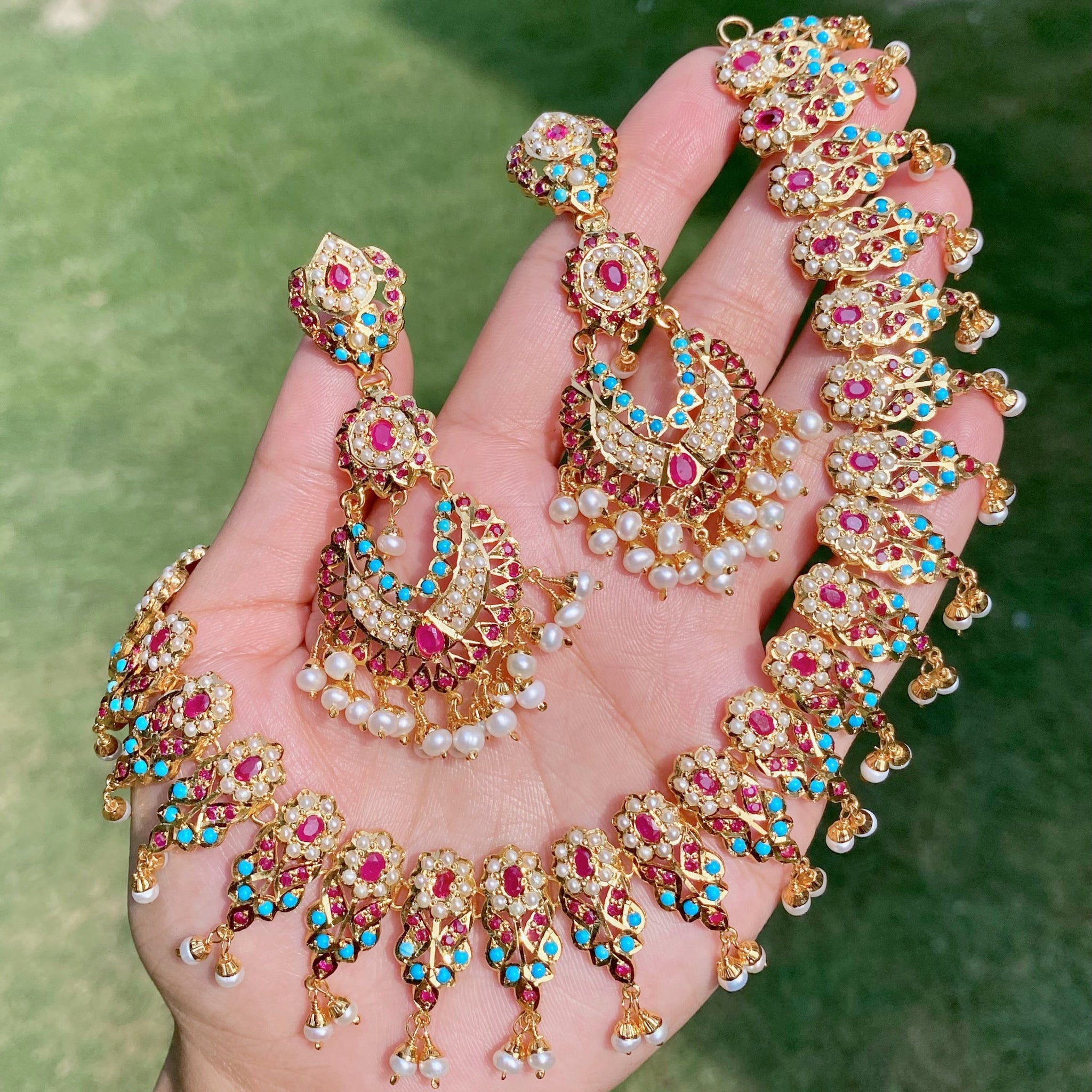 Pearl Ruby Pheroza Necklace Set | Traditional Jadau Jewellery | NS 320