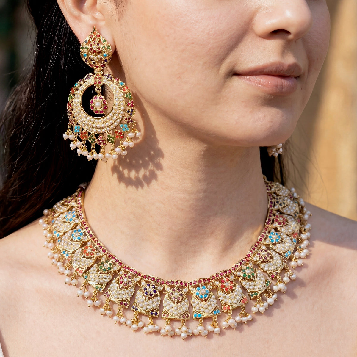 Navaratan Guluband Set with Chandbali | Gold Plated on Silver