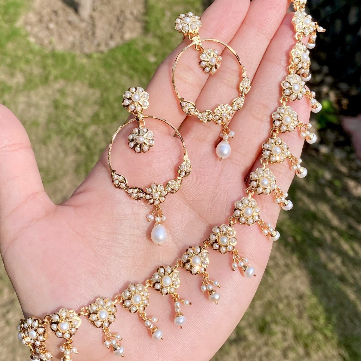Floral Pearl Necklace | with Chandbali Earrings | Freshwater Pearl Jewelry