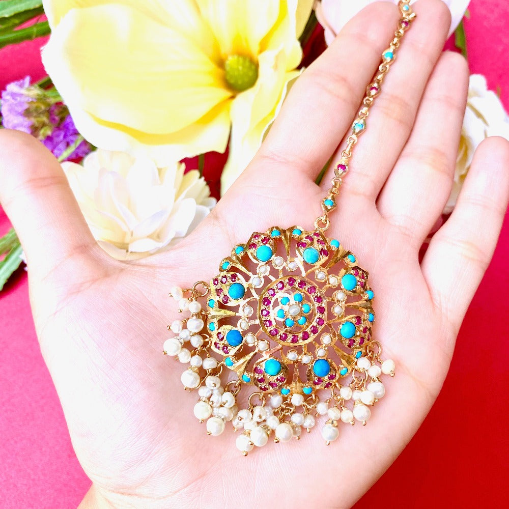 Gold Plated Silver Maang Teeka | Ruby, Pheroza and Pearl Combination