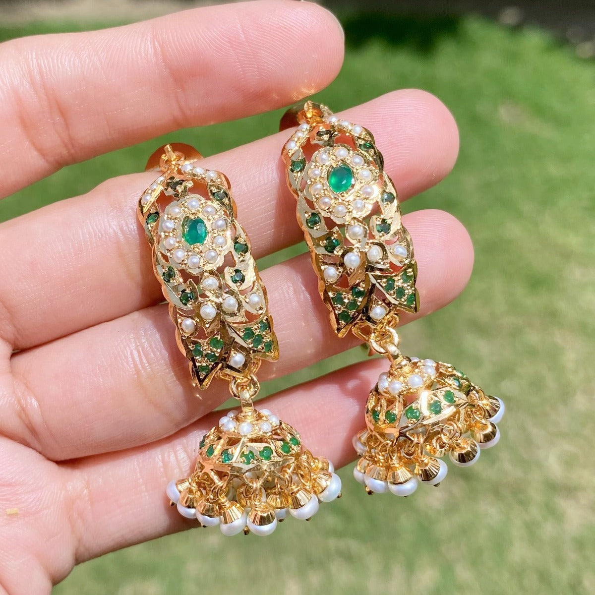 Ethnic Punjabi Dandi Jhumki | Emerald Green & Pearls Studded | 925 ...