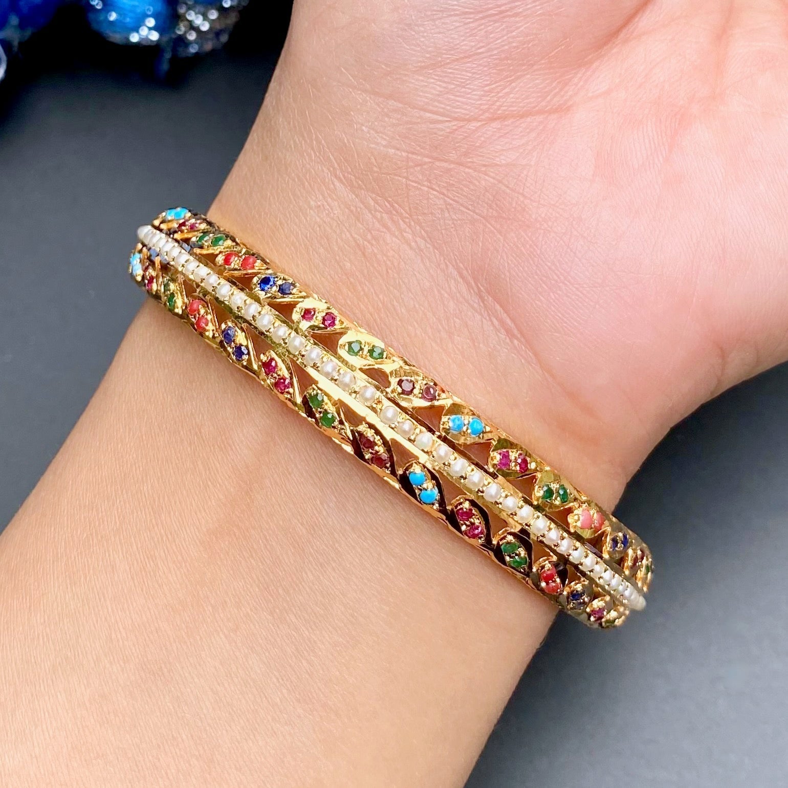 Navratna Bangle | Gold Plated Silver | Openable Jadau Bangle for Women