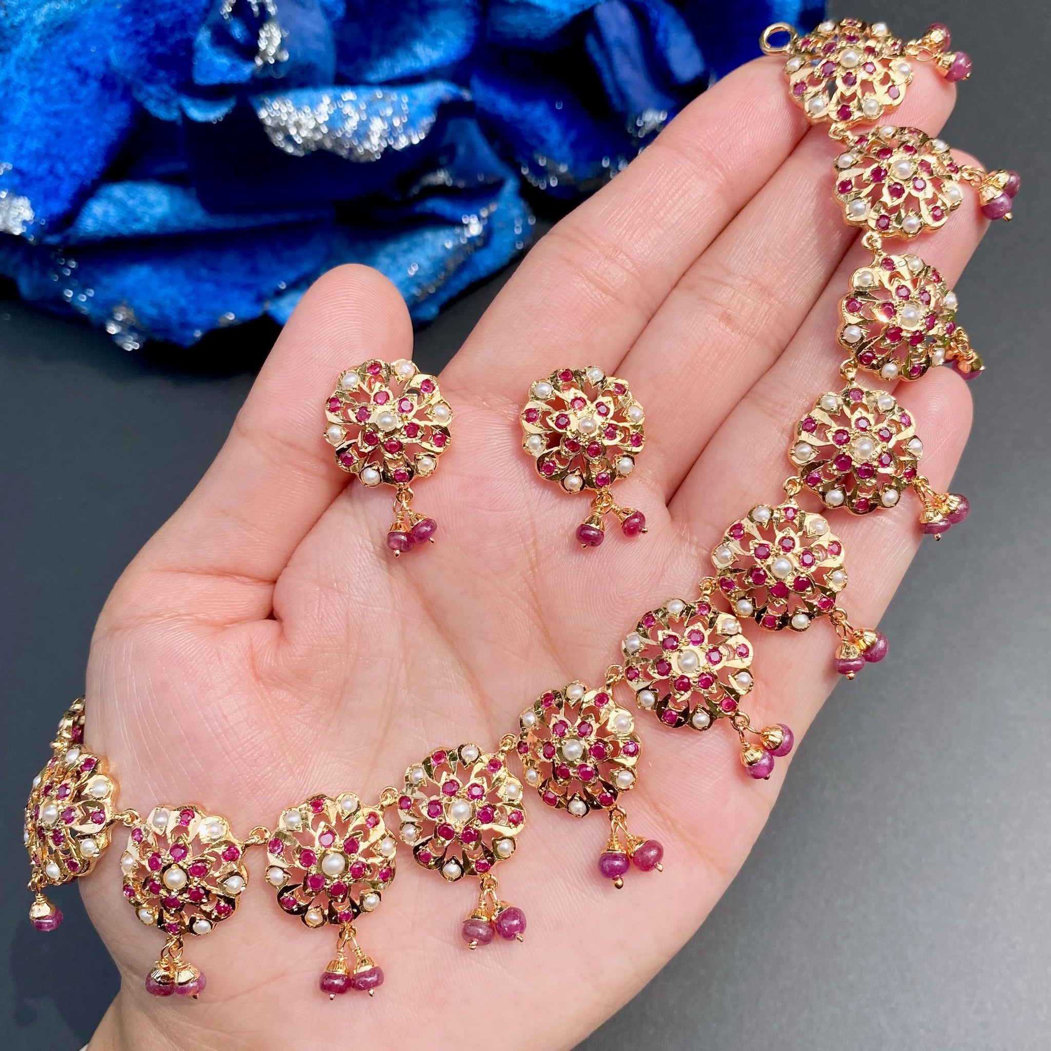Delicate Floral Ruby Pearl Necklace Set | NS 335