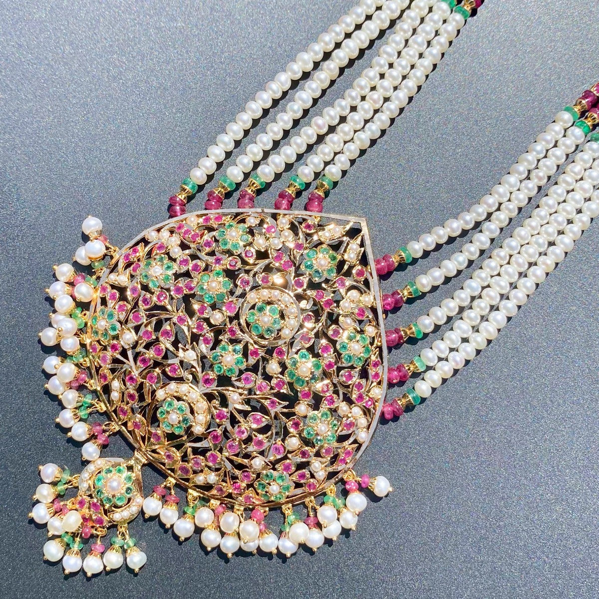 Bengali Jorowa Long Necklace Set | Ranihaar in Multicolors | 22k Gold