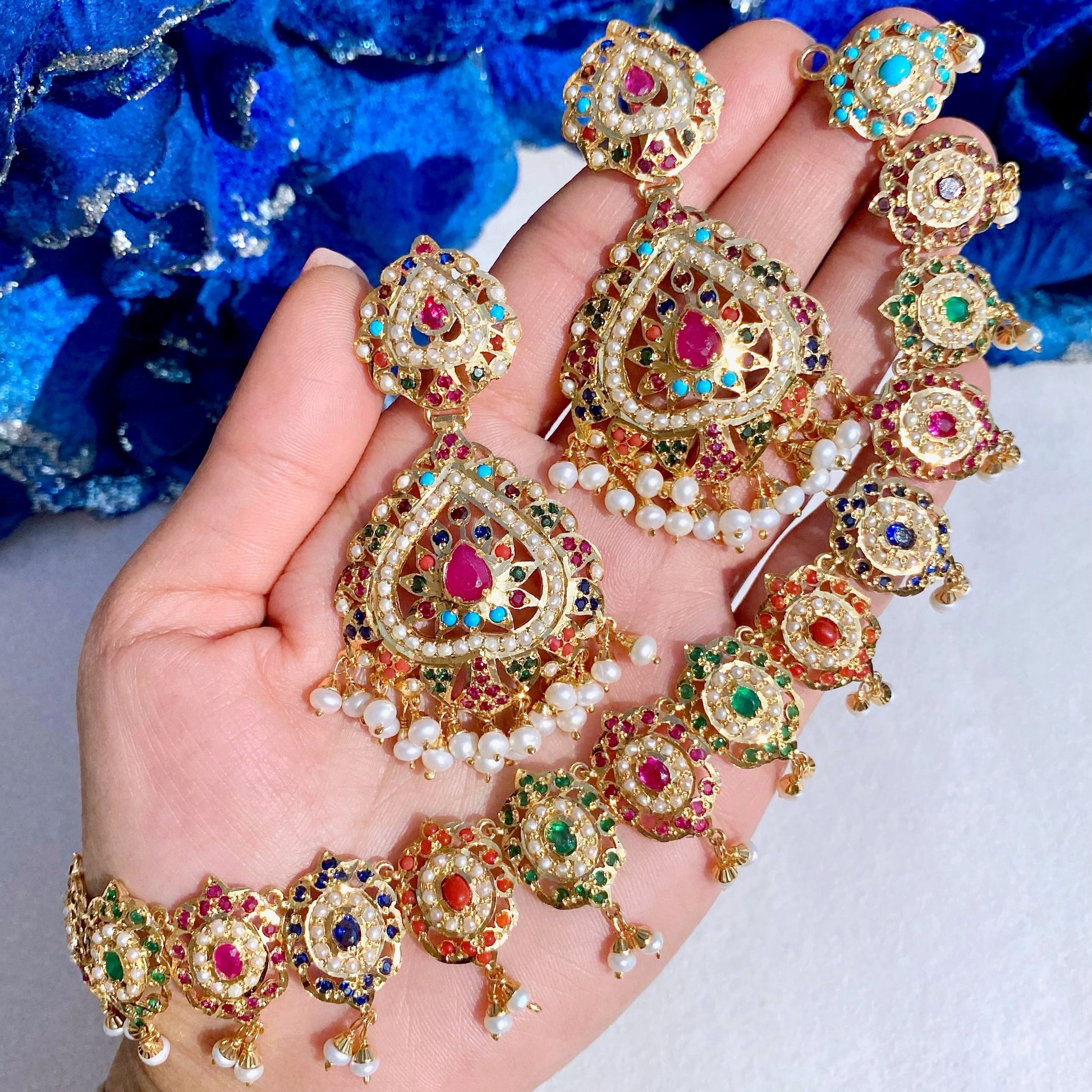 Jadau Navratan Set | Gold Plated on Pure Silver | Necklace with Large