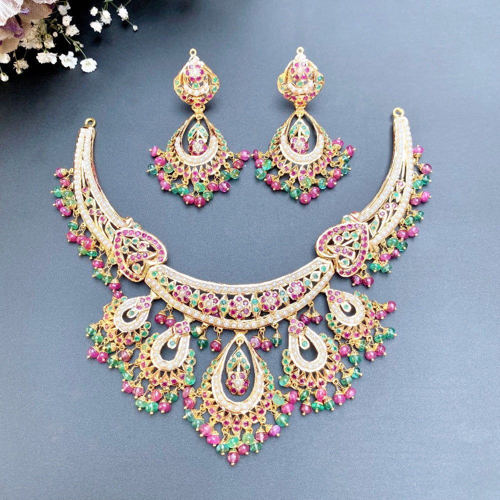 Ruby Emerald Pearl Hasli Necklace Set in 22ct Gold GNS 116