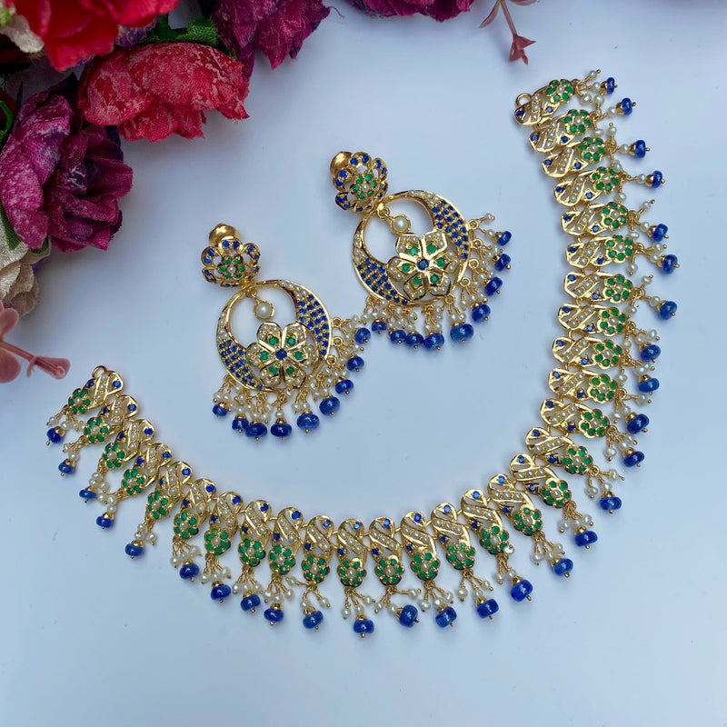 Multicolored Jadau Necklace Set in Gold Plated Silver NS 106