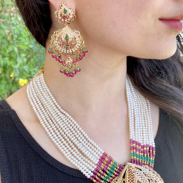 22k Gold Rani Haar Set | Precious Rubies, Emeralds and Pearls